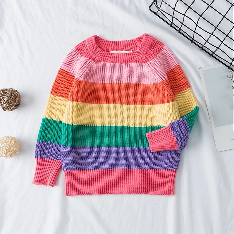 Rainbow Multiple Colour Striped Chunky Knit Sweater Kids Casual Jumper ...