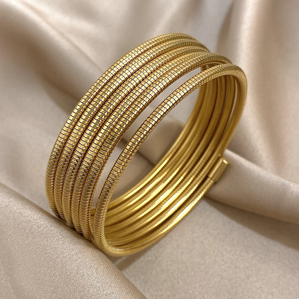 Multilayer Stainless Steel Snake Bone Chain Bangle for Women Golden ...