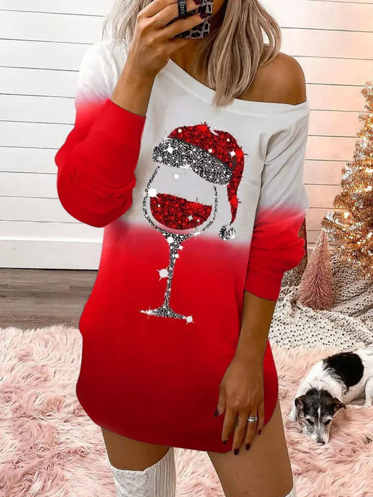 Christmas-Dress-for-Girls-Xmas-Hat-Wine-Glass-Print-Gradient-T-Shirt ...