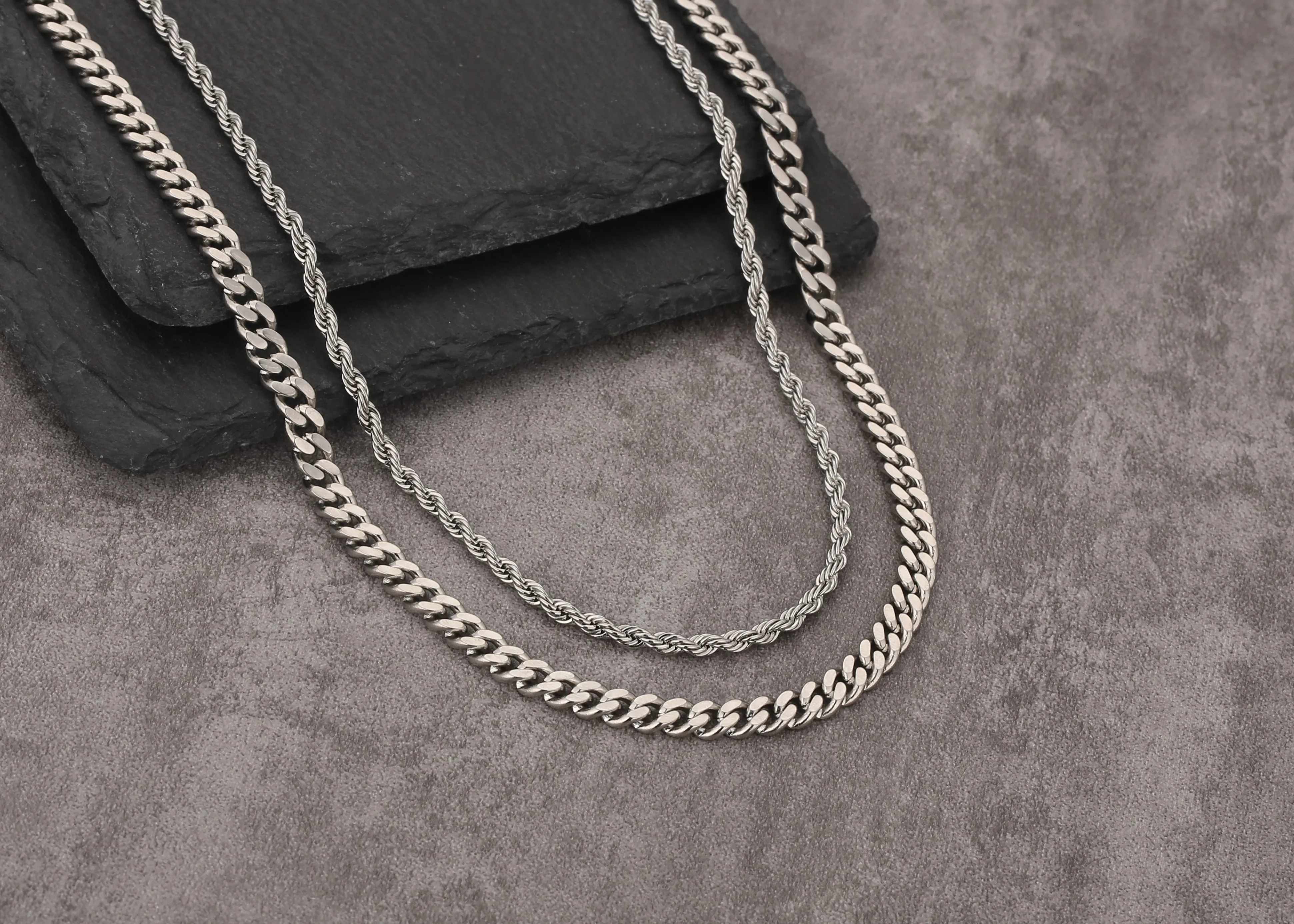 Stainless steel 6mm Cuban Link + 3mm Rope Chain Stack