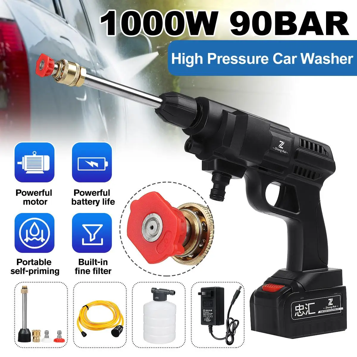 New-1000W-100Bar-Wireless-High-Pressure-Car-Wash-Washer-Gun-15000mAh ...