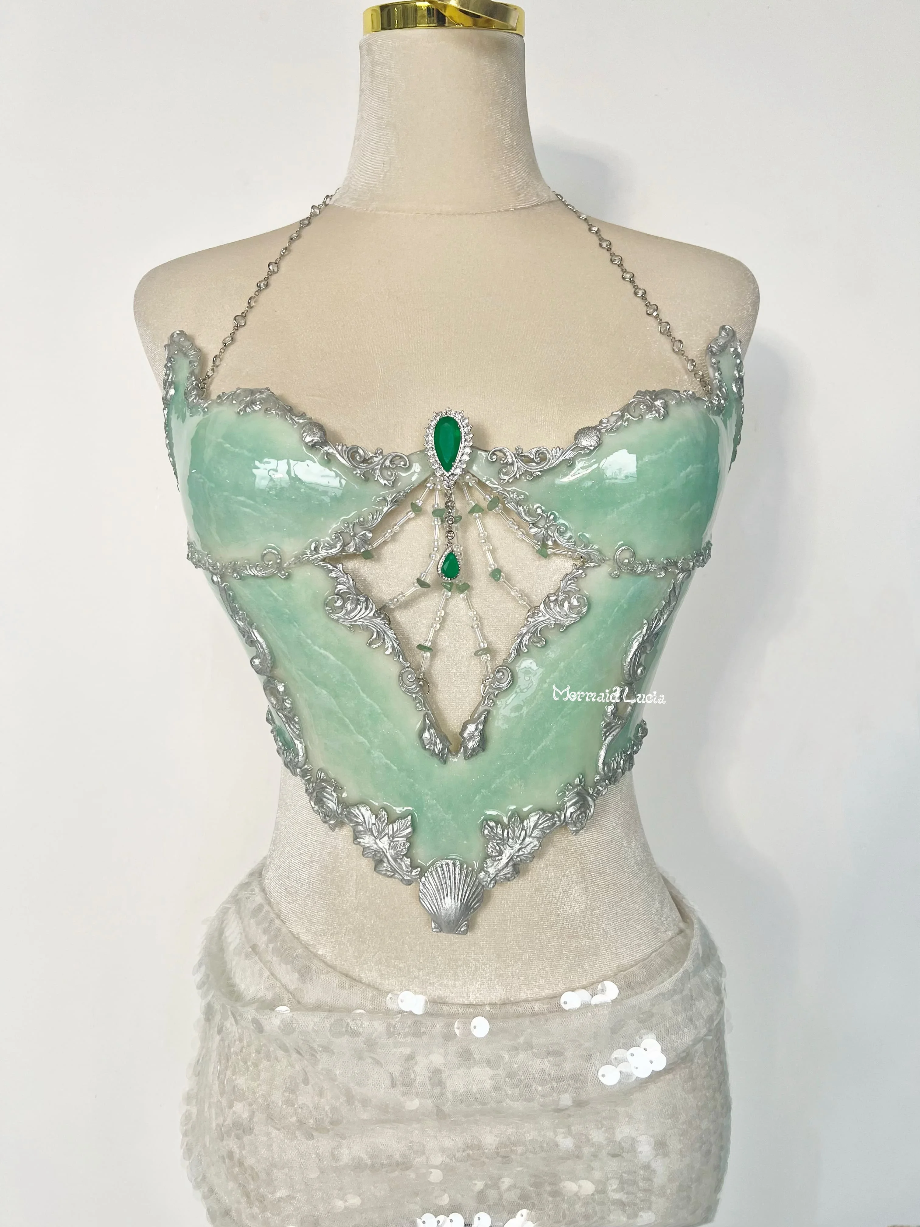 Light-Green-Topaz-Gemstone-Fishbone-Bustier-Resin-Mermaid-Corset-Bra ...