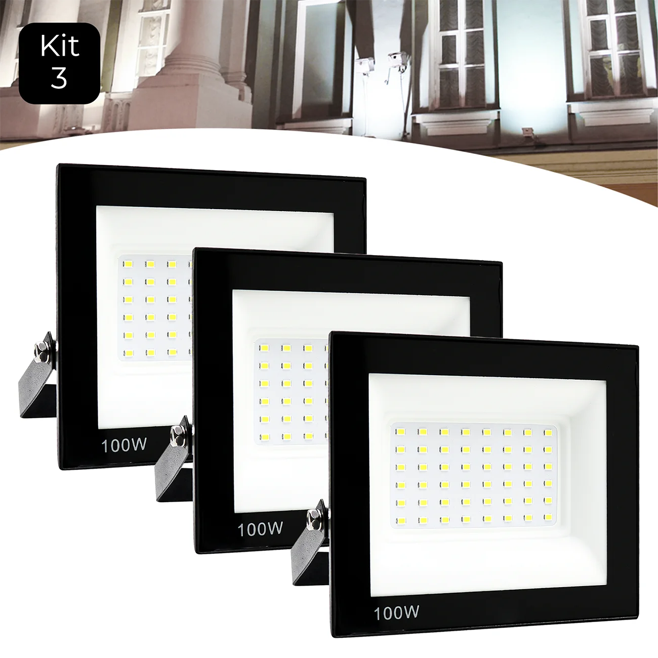 Kit 3 Refletor Led 100w Holofote Bivolt Prova Dágua Ip66 Cor De Luz Branco Frio