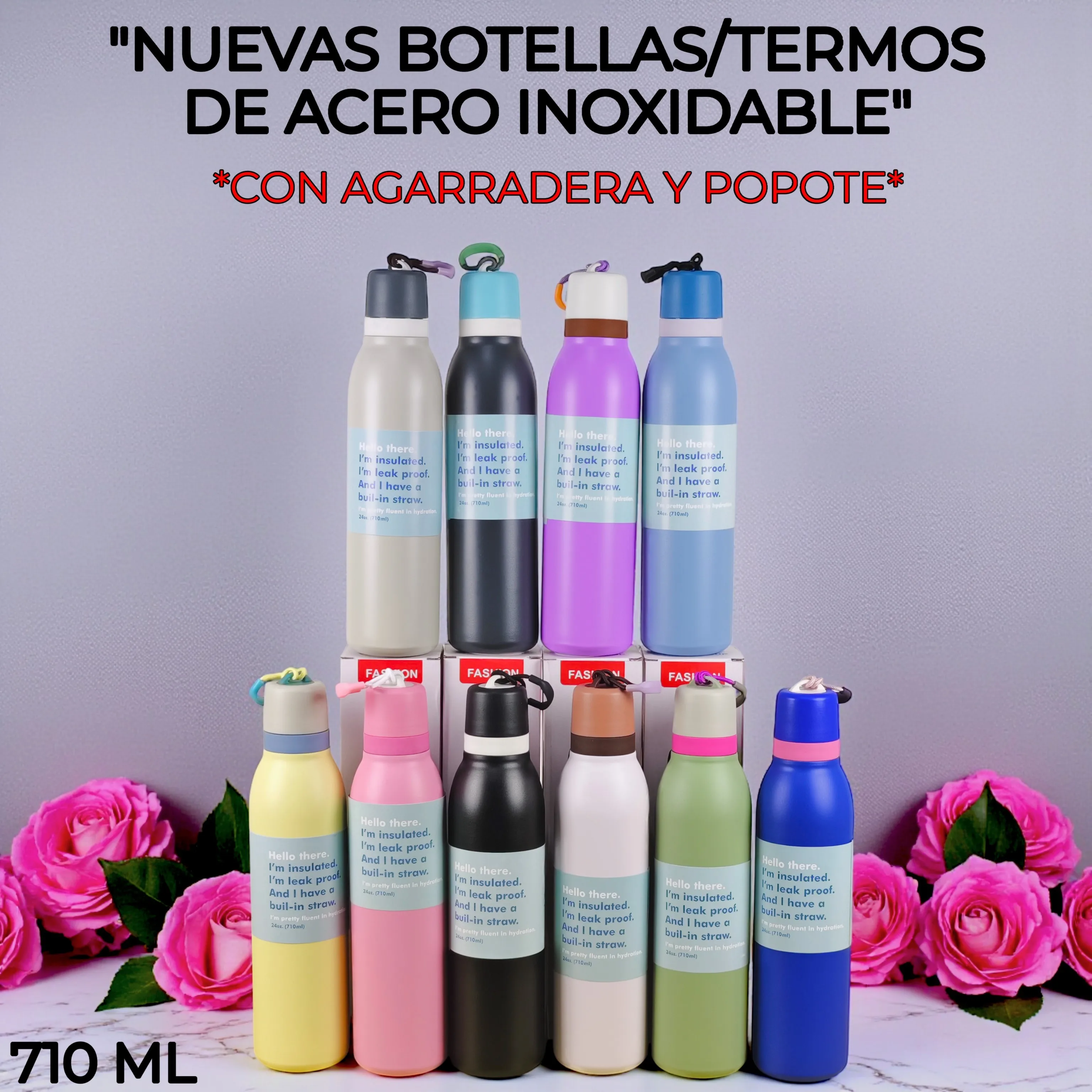 Botella/Termo De Acero Inoxidable con agarradera y popote, RR-38, Termo ...