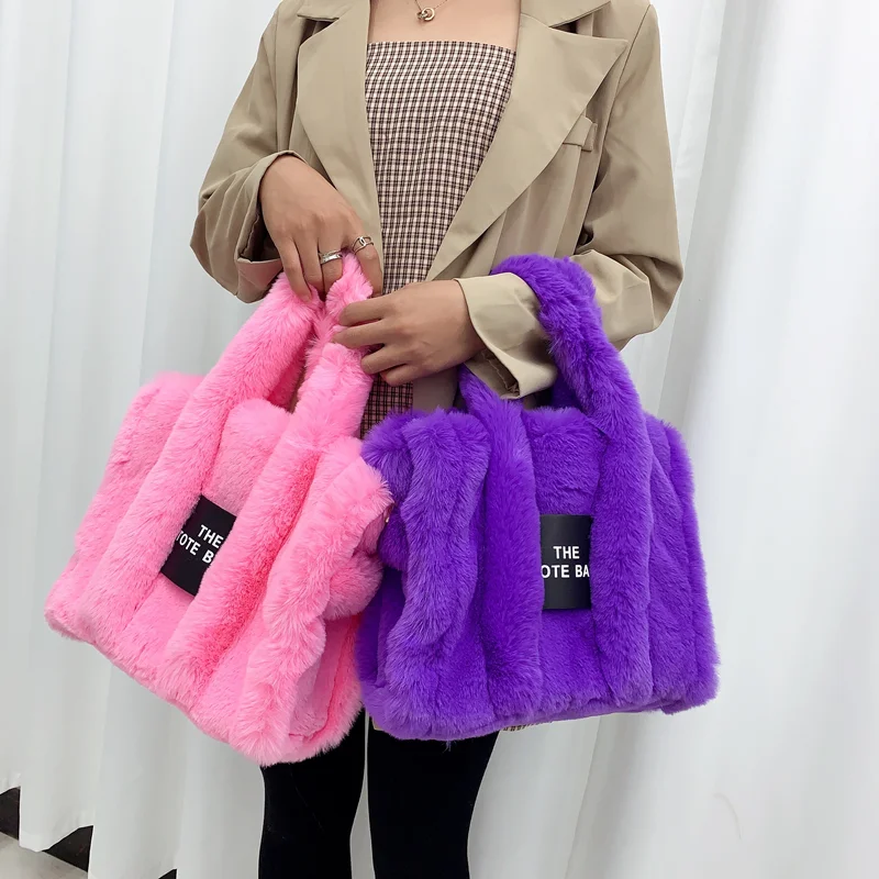 Luxury Faux Fur Women's Tote Bag Furry Plush Shoulder Messenger Bags ...