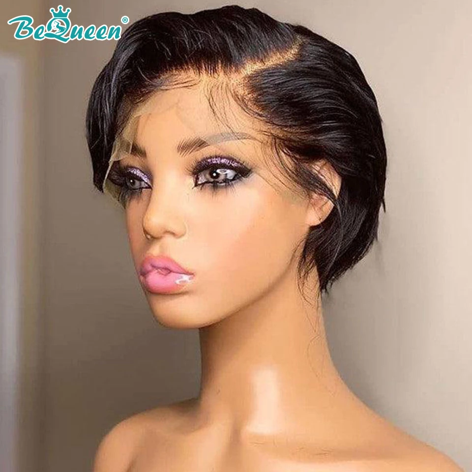 BeQueen Short Pixie Cut Wig Human Hair Transparent 13x1 T Part Lace Wig ...
