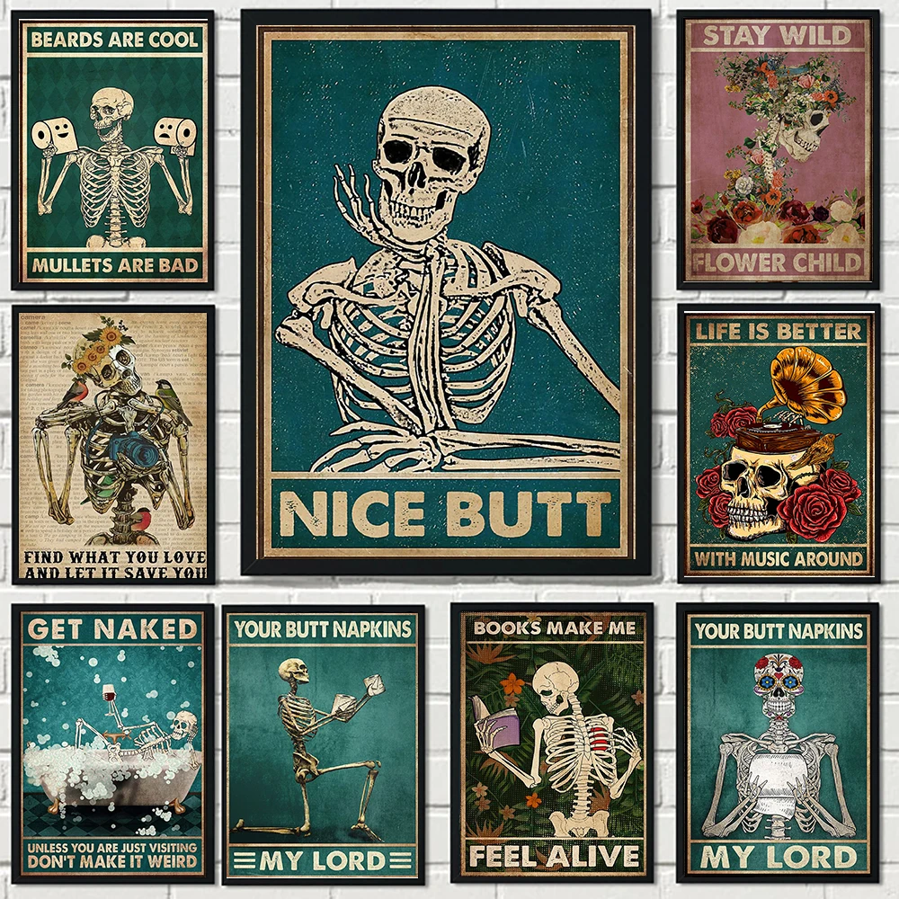 Retro-Art-Funny-Skeleton-Skull-Canvas-Painting-Fashion-Slogan-Bar ...