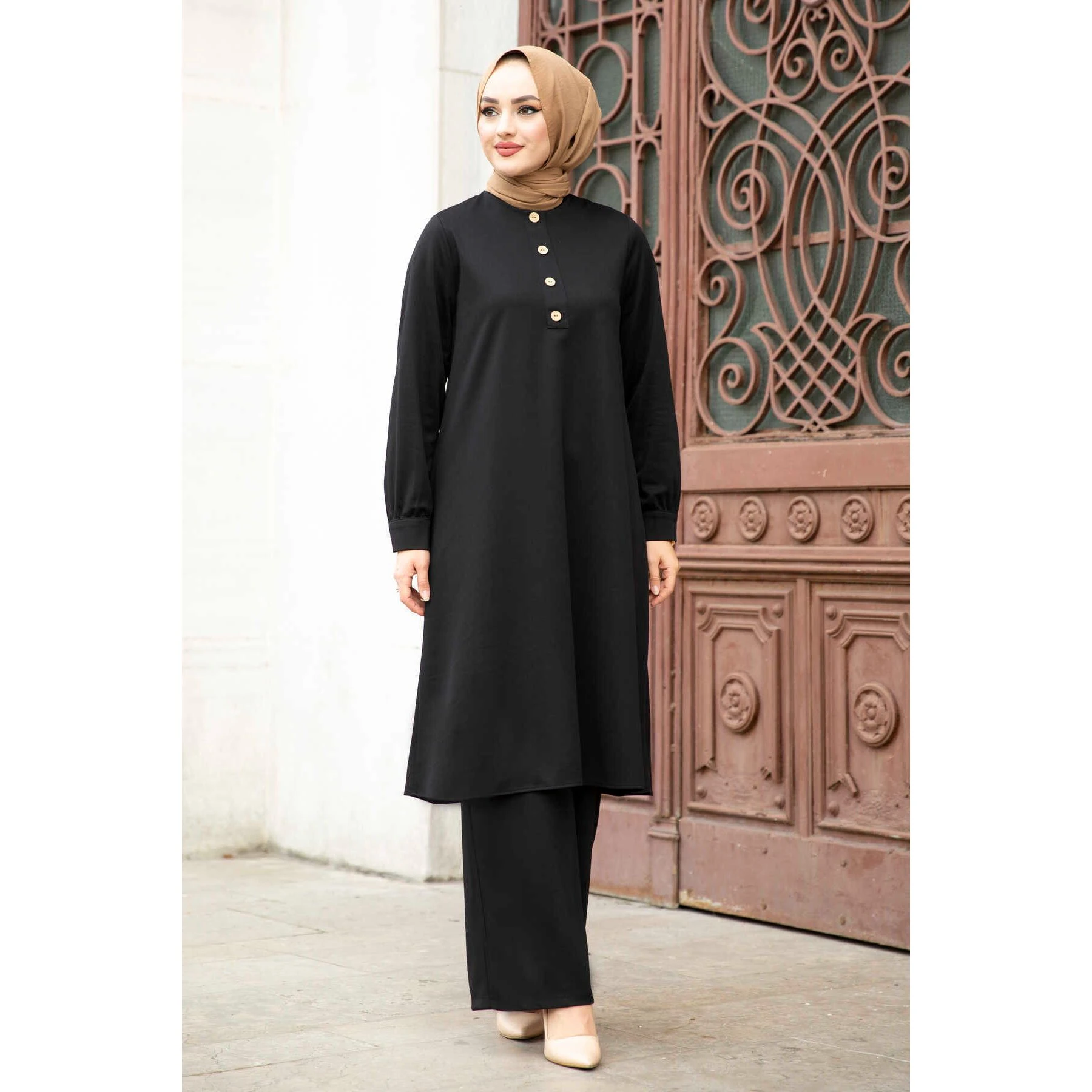 Muslim Women’s Front Buttoned Long Loose Tunic and Pant Two Piece ...