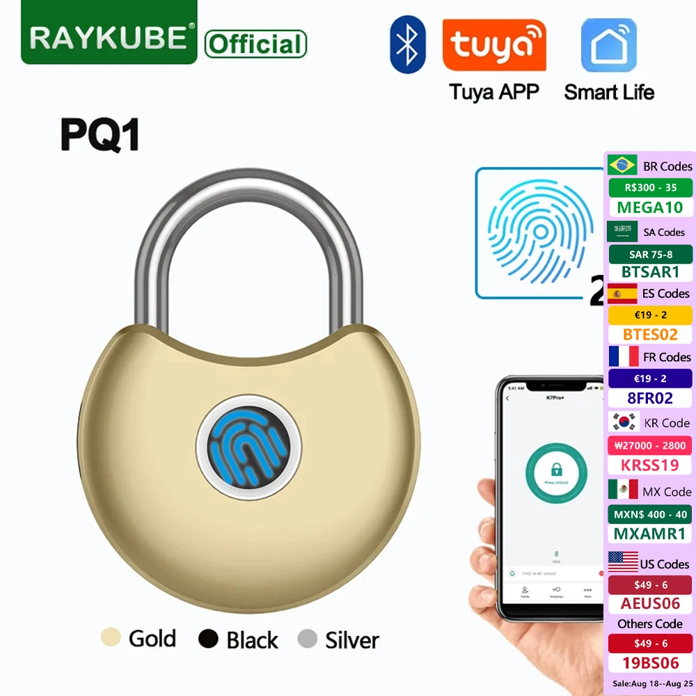 RAYKUBE-PQ1-Smart-Fingerprint-Padlock-IP65-Waterproof-Tuya-BLE-Remote ...