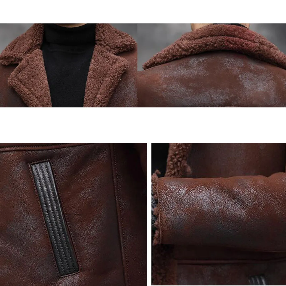 Denny&Dora Men Mid-Length Sheepskin Coat Brown Leather Coat Genuine Leather Shearling Sheepskin ...