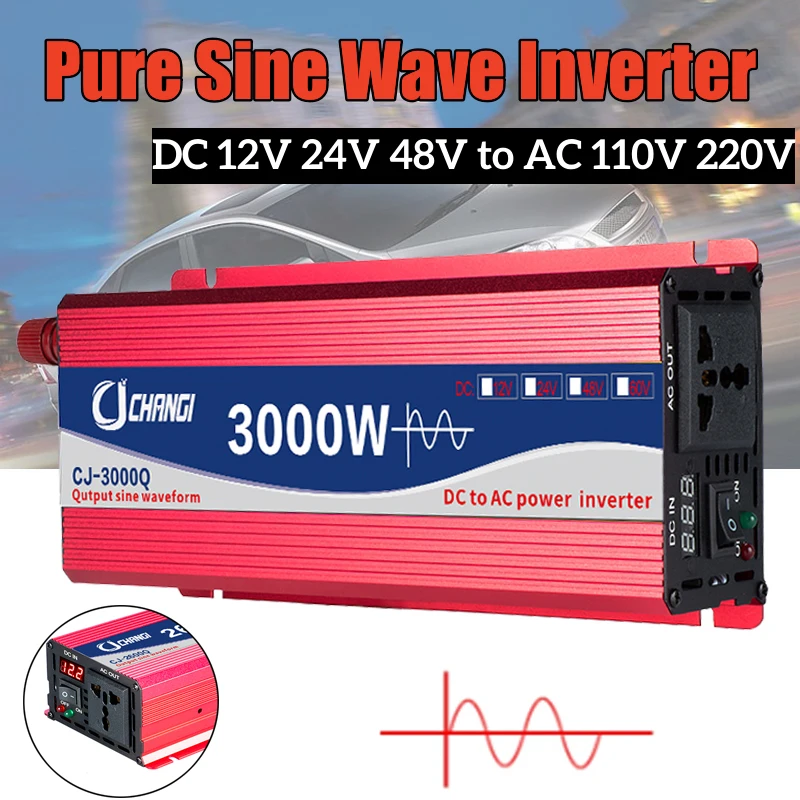 Inversor de onda sinusoidal pura para coche, convertidor de voltaje de cc 12V, 24V, 48V a CA ...
