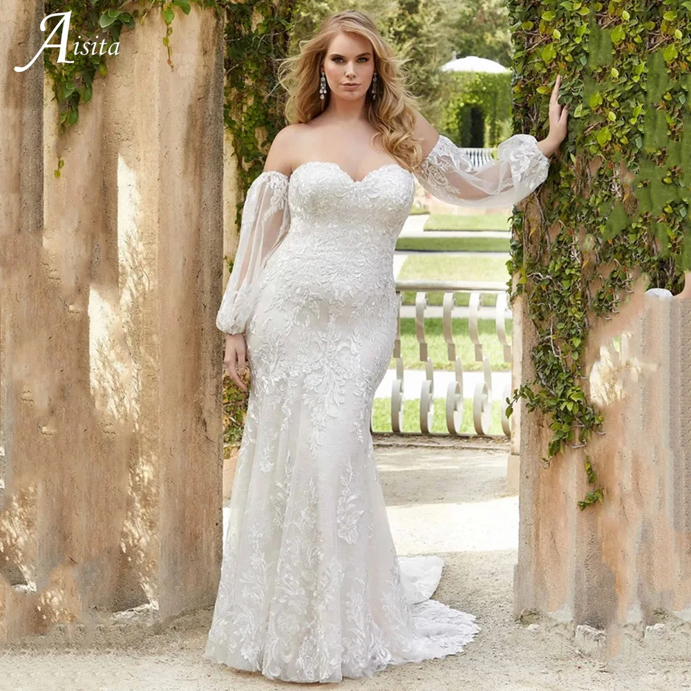 Plus Size Long Sleeves Mermaid Wedding Dresses Beach Lace Embroidery ...