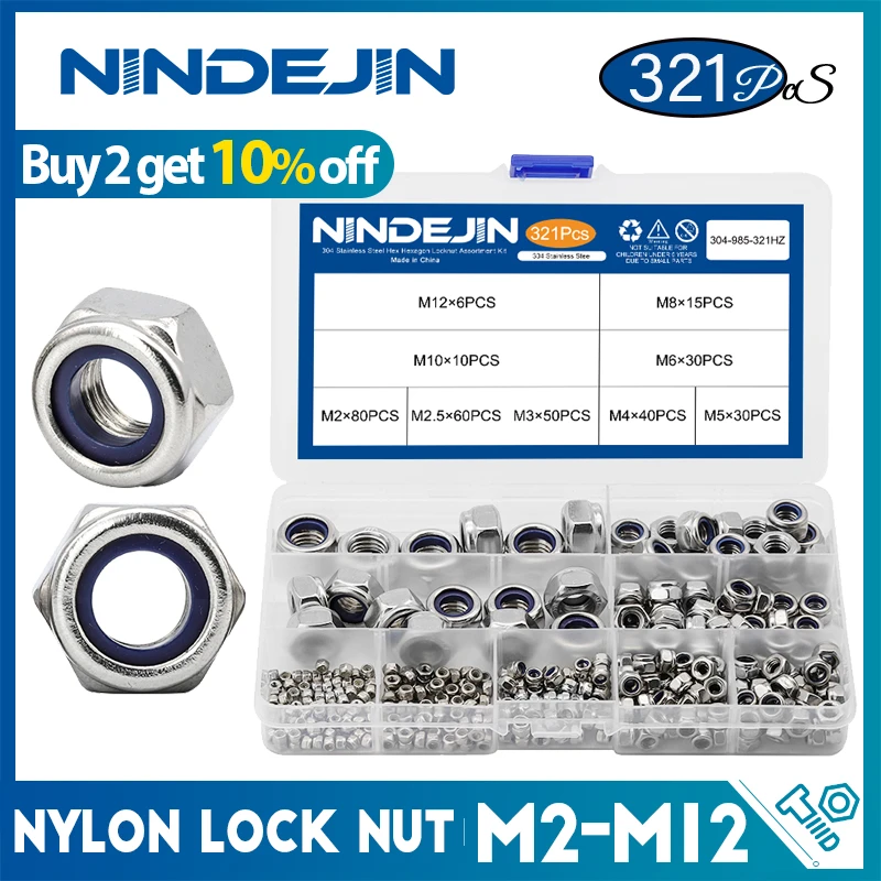 Nindejin 321pcs Nylon Lock Nut 304 Stainless Steel M2 M2.5 M3 M4 M5 M6 M8 M10 M12 Hex Hexagon ...