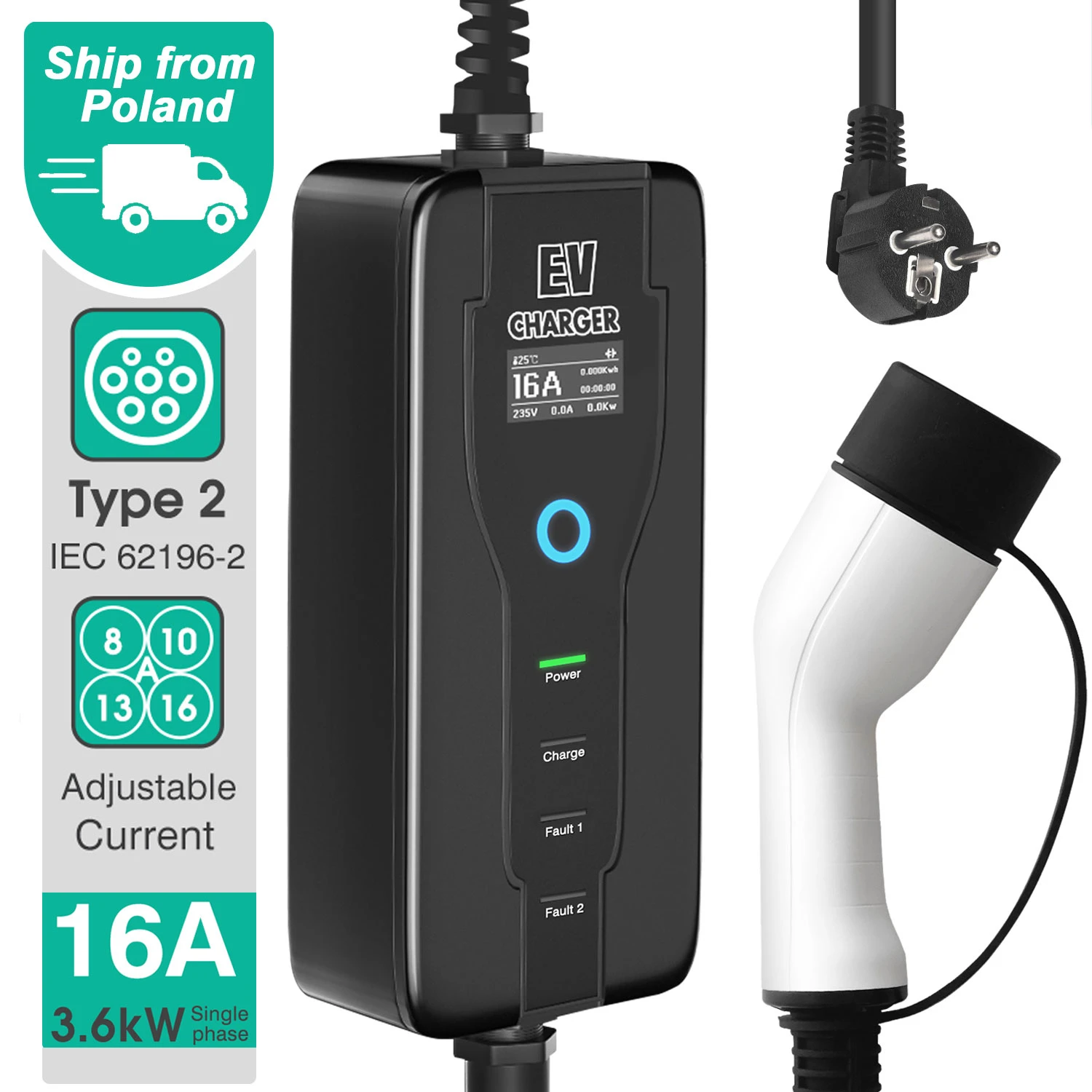 Ev Charger Type 2 Evse 16a 3.6kw 5m Portable Electric Car Charger ...