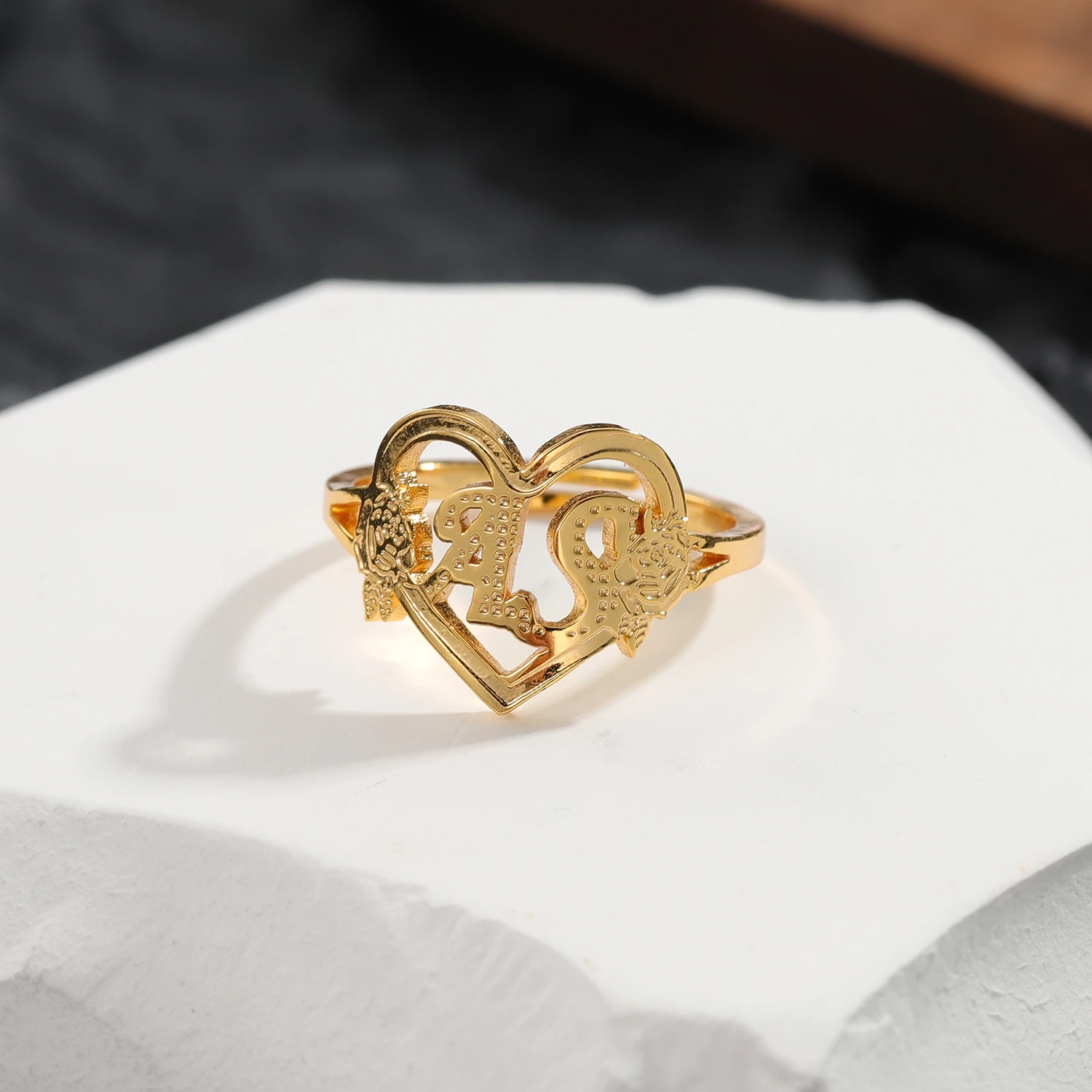 Personalized Signature Initials Heart Adjustable Ring Women Gold ...