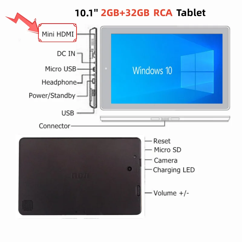 Tablet PC con Windows 10 de 10,1 pulgadas, 2 GB de RAM, 32 GB de ROM ...