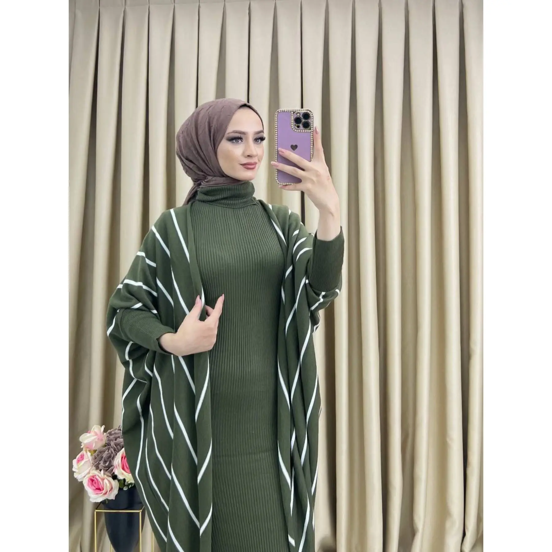 Two Piece Muslim Sets Maxi Dress and Stripe Pattern Cardigan Abaya Set ...
