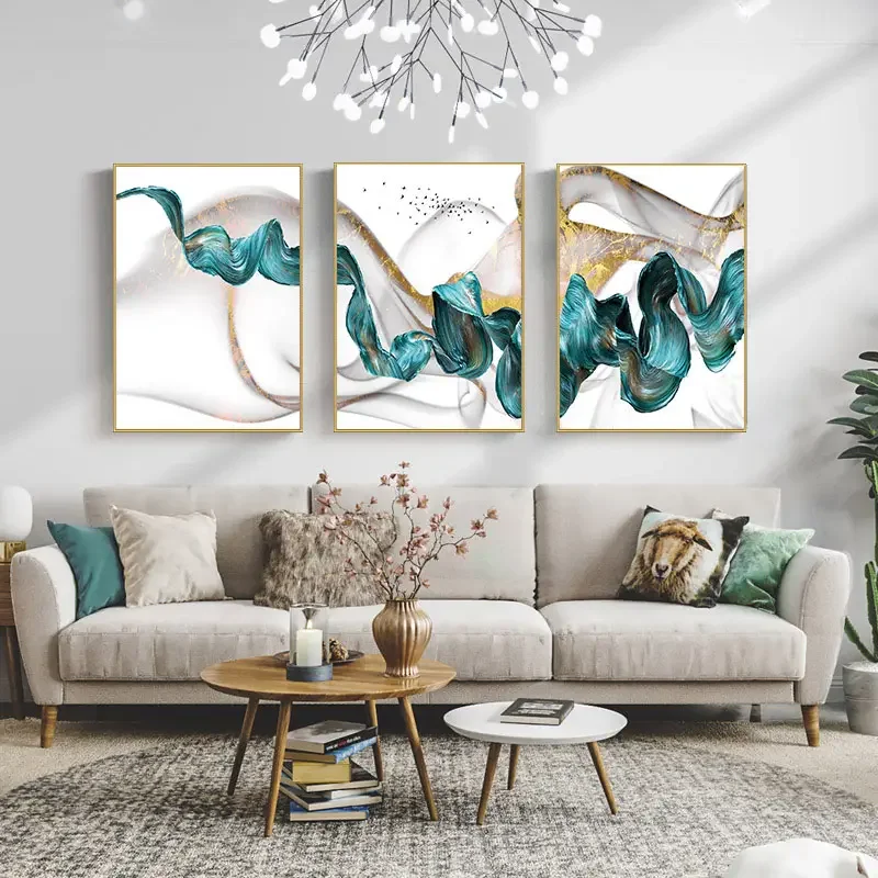3PCS-Frameless-Abstract-Blue-Green-Ribbon-Canvas-Painting-Fashion ...