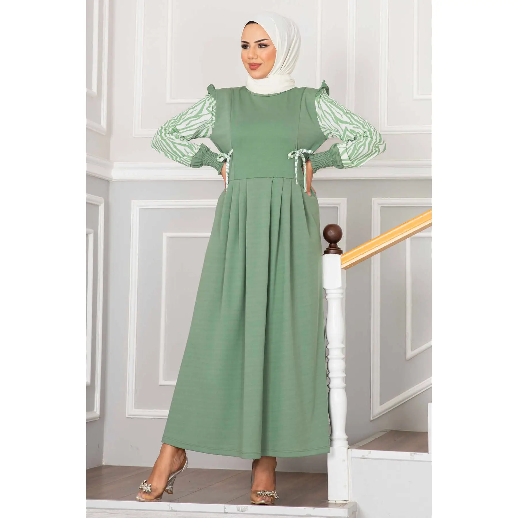 Muslim Women's Zebra Patterned Ribbon Detailed Modest Maxi Dress ...