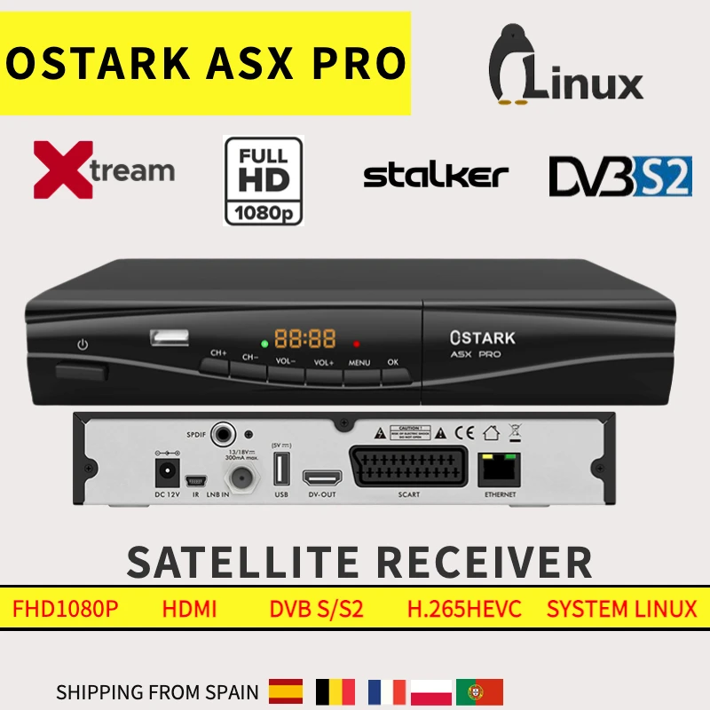 Satellite Receiver Ostark ASX Pro DVB S2 H265 RJ45 system Linux simple USB wifi included ...