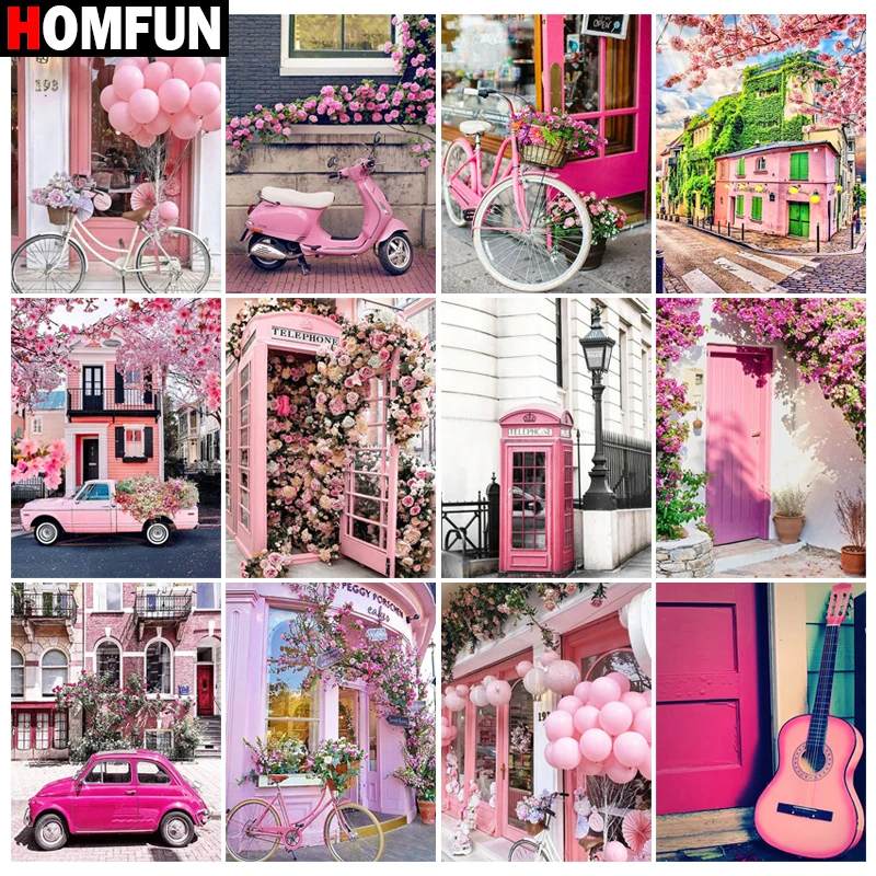 HOMFUN 5D Diy Diamond Painting Cross Stitch "Phone booth bike pink ...