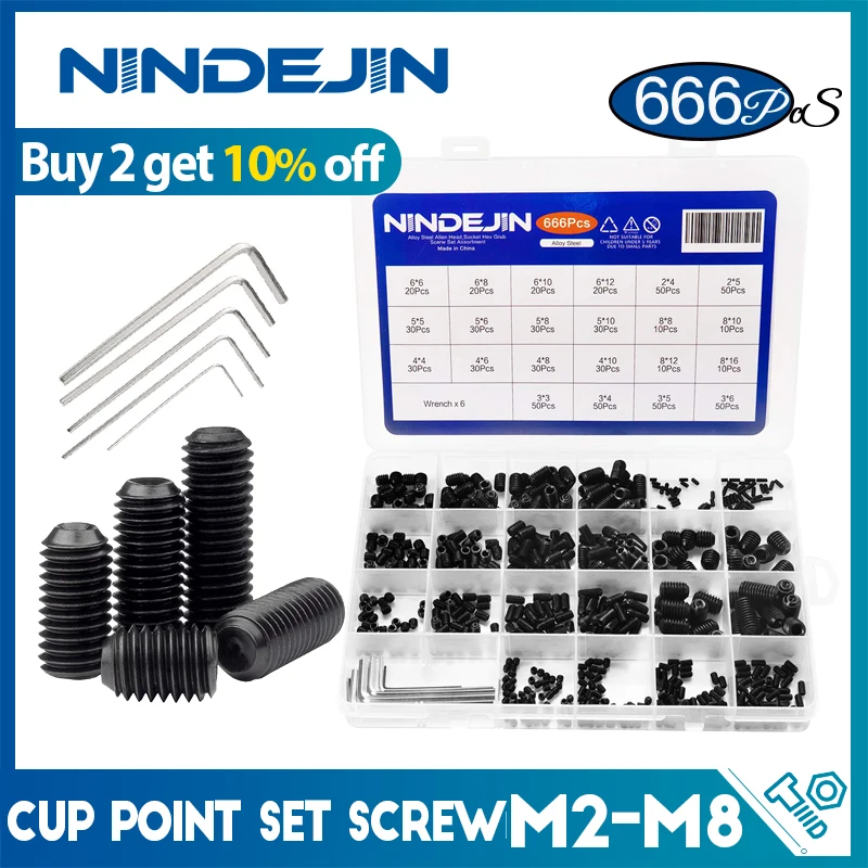 NINDEJIN 666pcs Set Screw Cup Point Grub Screw Assortment Kit M2 M3 M4 ...