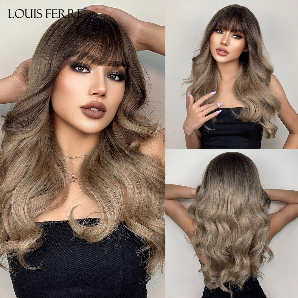 LOUIS FERRE Long Brown Wavy Wigs with Bangs for Women Brown Ombre Curly ...