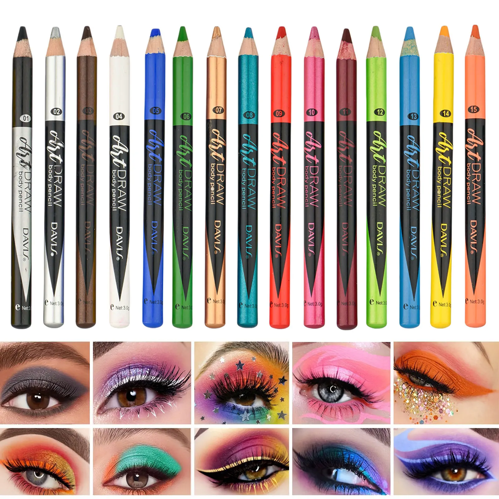 15 Color Eyeliner Lip Liner Pen, Black Blue Multicolor Metallic Pearly ...