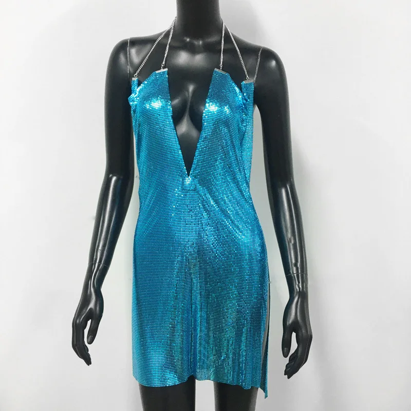 Sexy-Blue-Chainmail-Party-Dress-Chain-Detail-Deep-V-Neck-Split-Hem ...