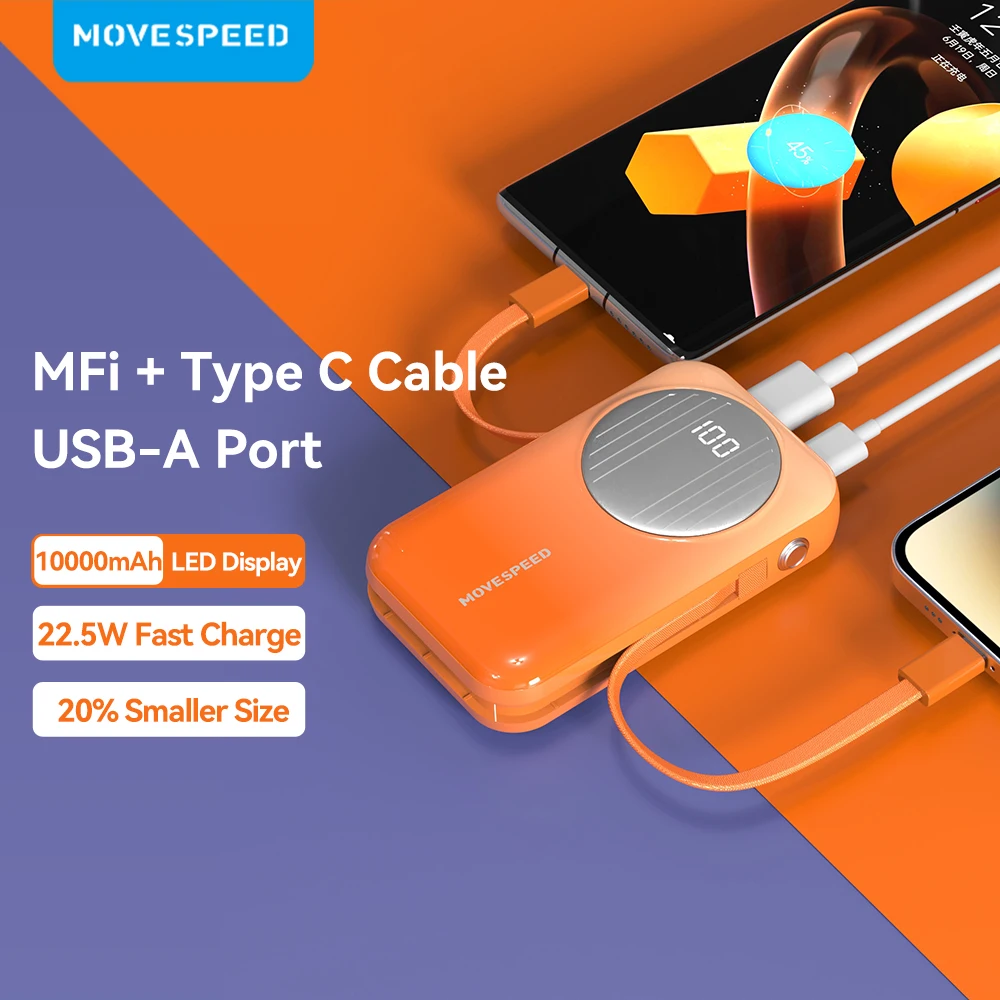 MOVESPEED Q10 Line Power Bank 10000mAh 22.5W with MFi & Type C Cable ...