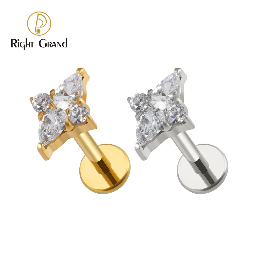 Right Grand ASTM F136 Titanium Flat Back Four-pointed Star Labret with ...
