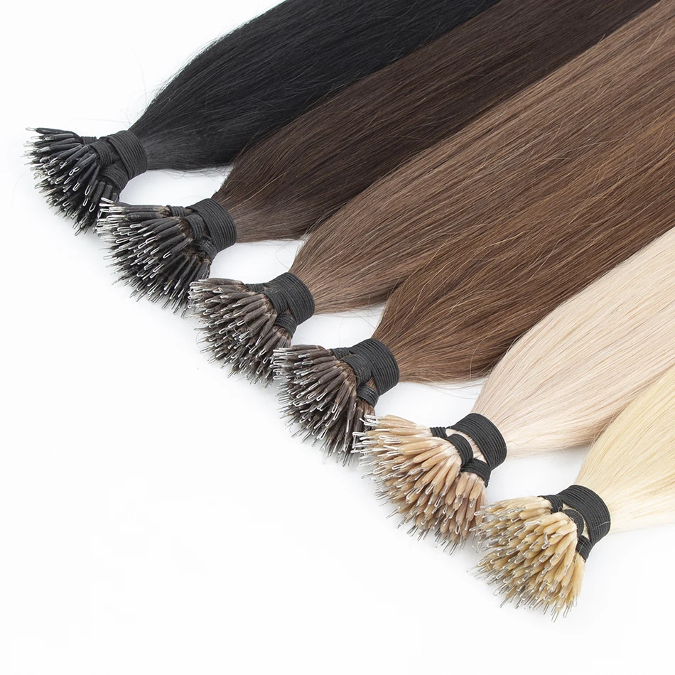 50 pçs nano anel extensões de cabelo humano remy em linha reta micro ...