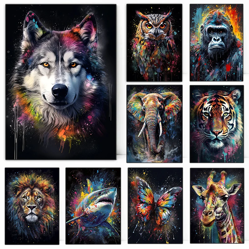 Pintura-de-animales-coloridos-impresi-n-en-lienzo-elefante-tibur-n-mono ...