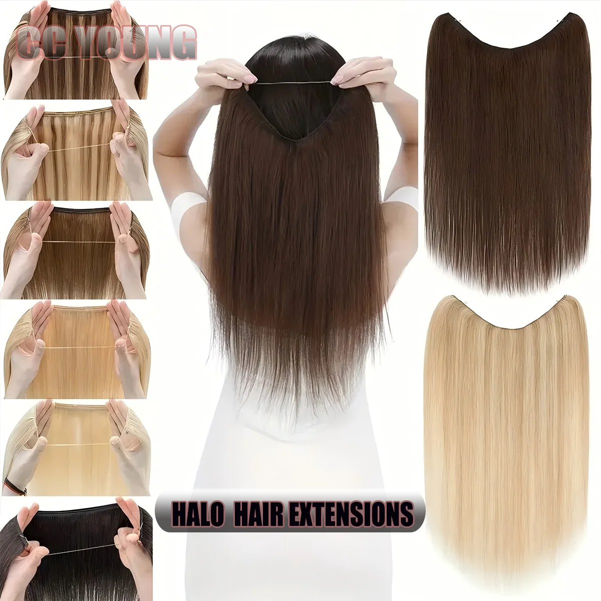 Real Human Hair Halo Hair Extensions with Invisible Wire Adjustable ...