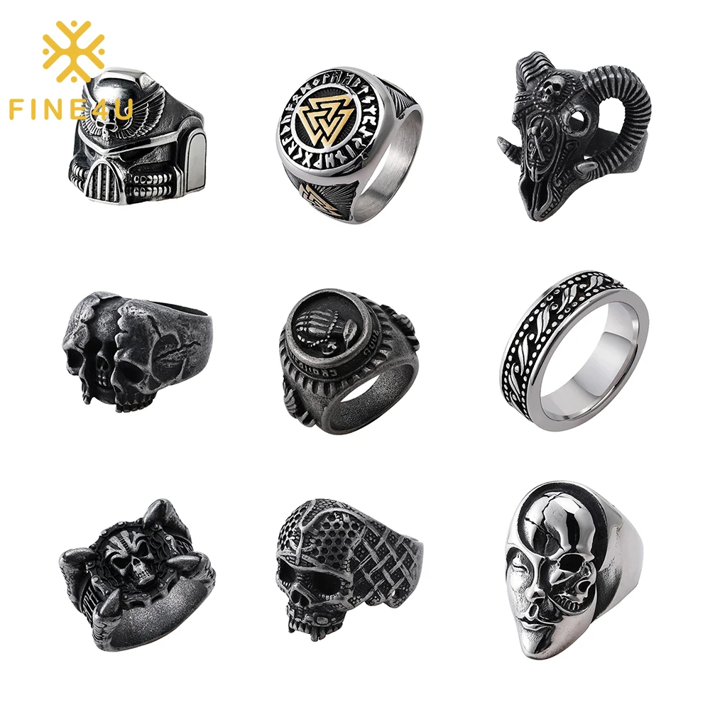 FINE4U-Stainless-Steel-Biker-Signet-Rings-for-Men-Retro-Vintage-Band ...