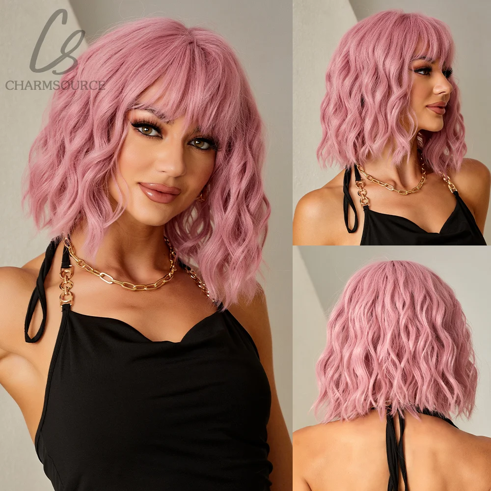 CharmSource-Pink-BOBO-Wigs-Short-Natural-Wave-Hair-Synthetic-Wig-For ...