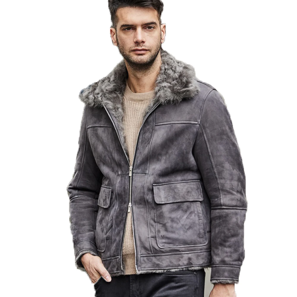 Denny&Dora Mens Short Shearling Jacket Suede Shearling Jacket Casual Coat Grey Leather Jacket ...
