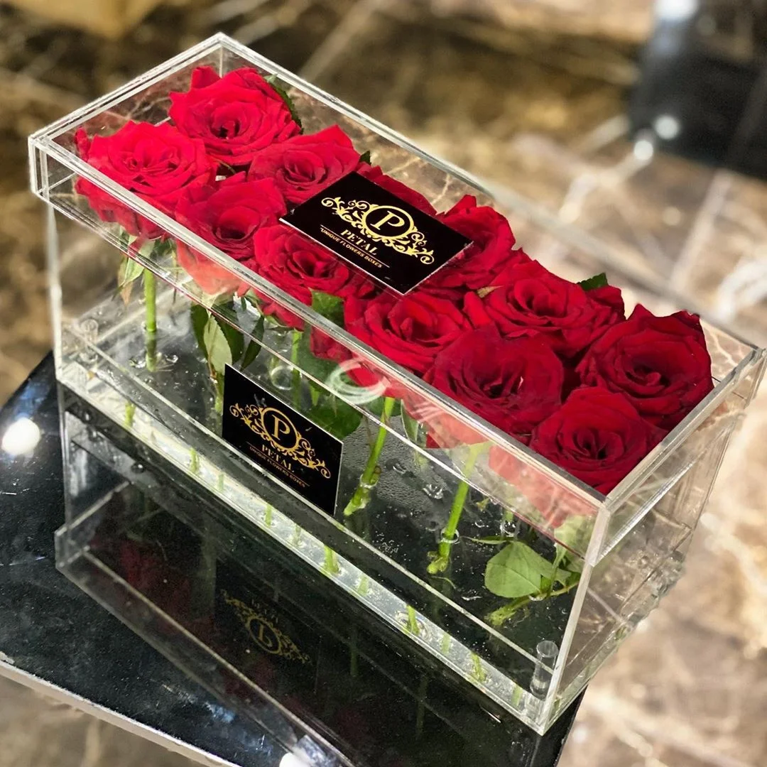 Clear Acrylic Rose Flower Box Makeup Organizer Artificial Flower ...