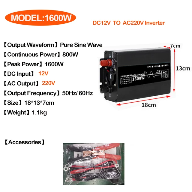 1600W Pure Sine Wave Inverter 12V 24V 48V 60V To AC 220V Solar Remote ...