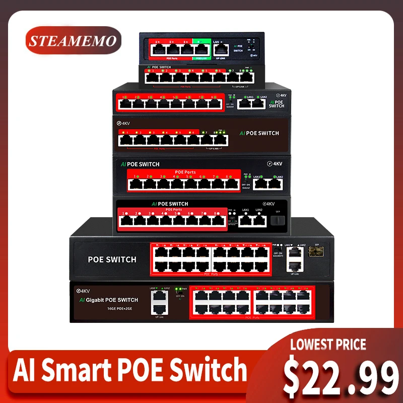Steamemo Ai Poe Switch Standard Poe 4/8/16 Ports Network Switch ...