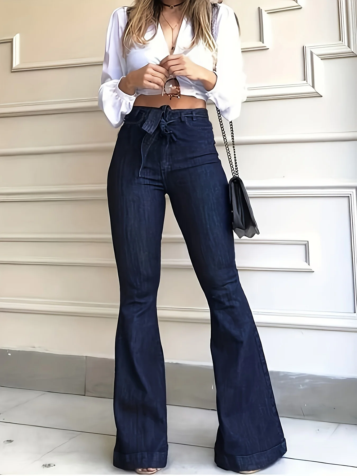 Navy-Blue-Flared-Jeans-Autumn-High-Stretch-With-Waistband-Bell-Bottom ...