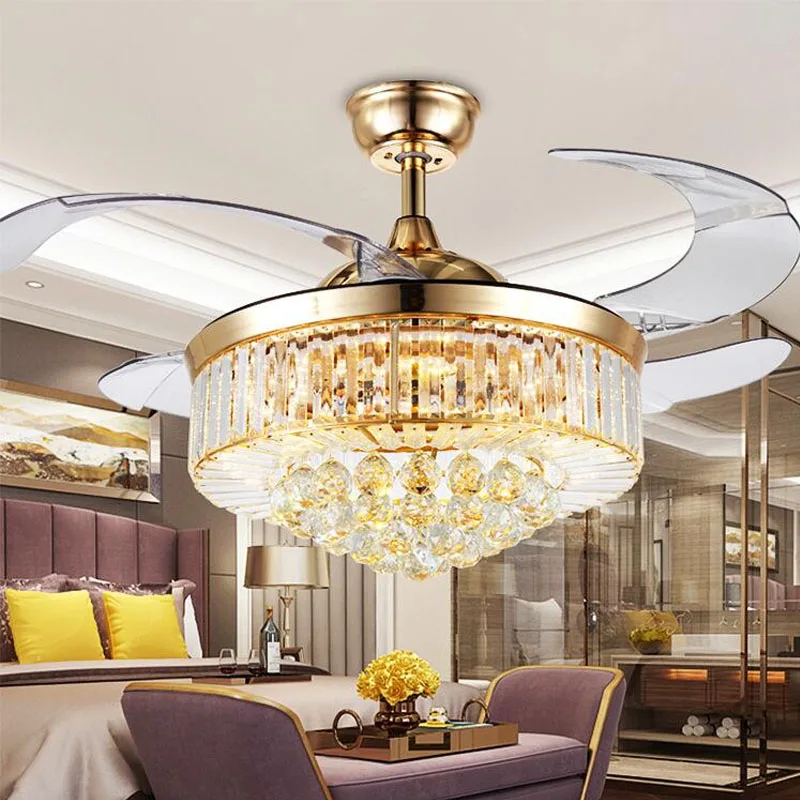 Led Luxury Gold Crystal Ceiling Fan With Lights 42 Inch Remote Control ...