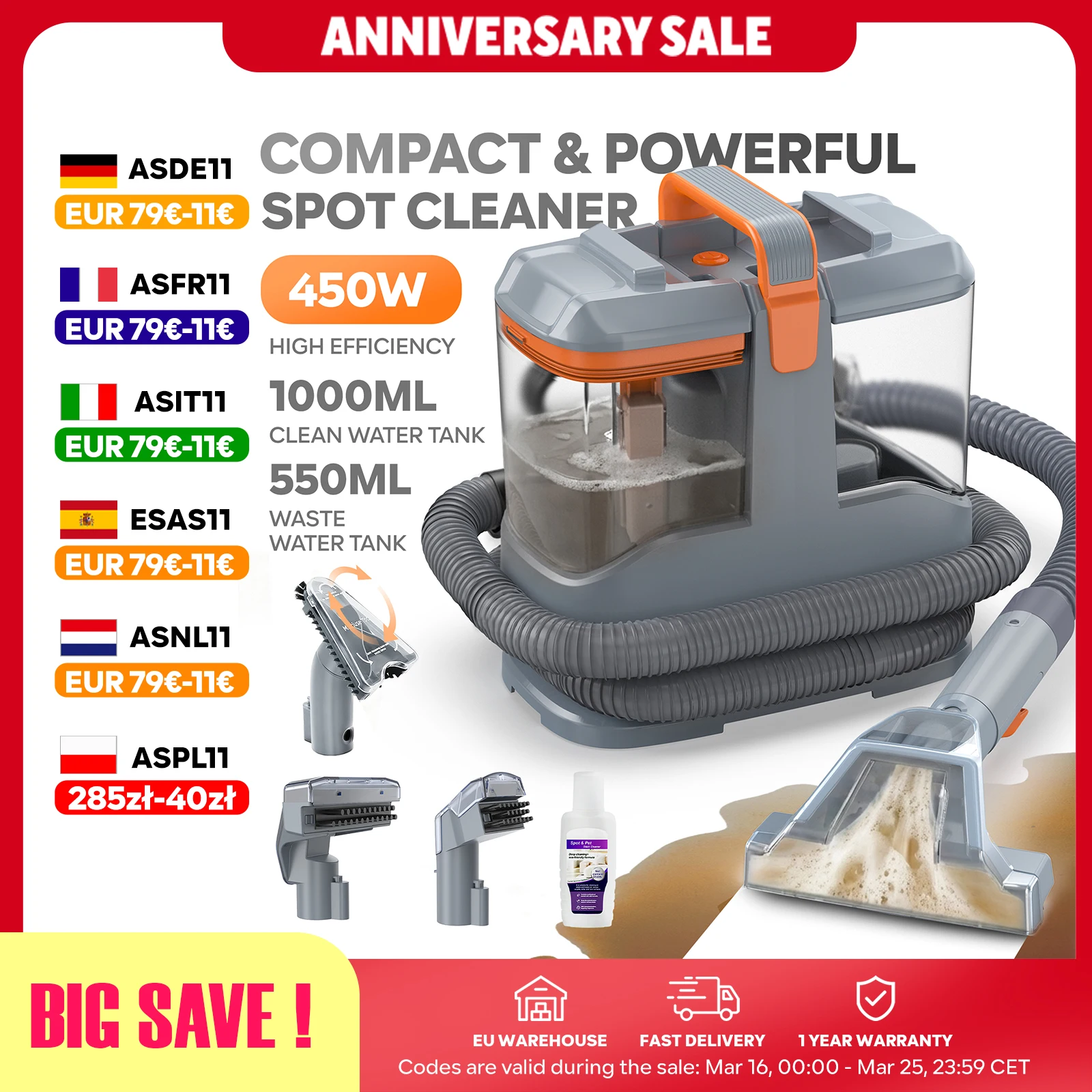 Portable Carpet Cleaner & Spot Washer 13kPa, 450W Upholstery Cleaning ...
