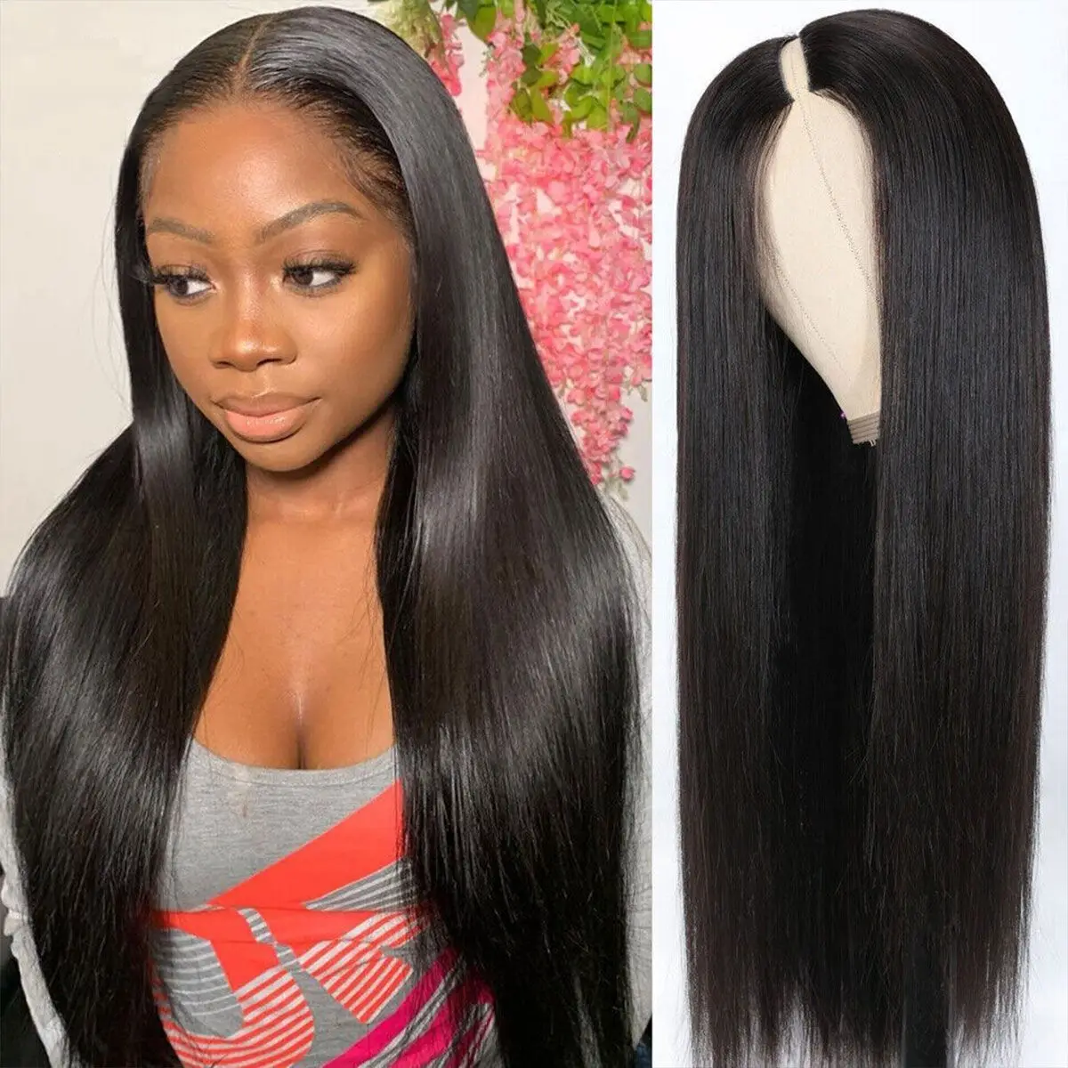 250-Density-V-Part-Bone-Straight-Glueless-Wig-Human-Hair-Ready-To-Wear ...