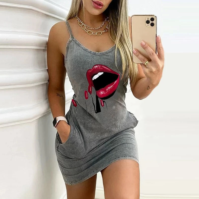 여성용 섹시한 스트랩 드레스 레터 프린트 포켓 O넥 민소매 파티 드레스 캐주얼 슬림 백리스 미니 드레스 여름 패션