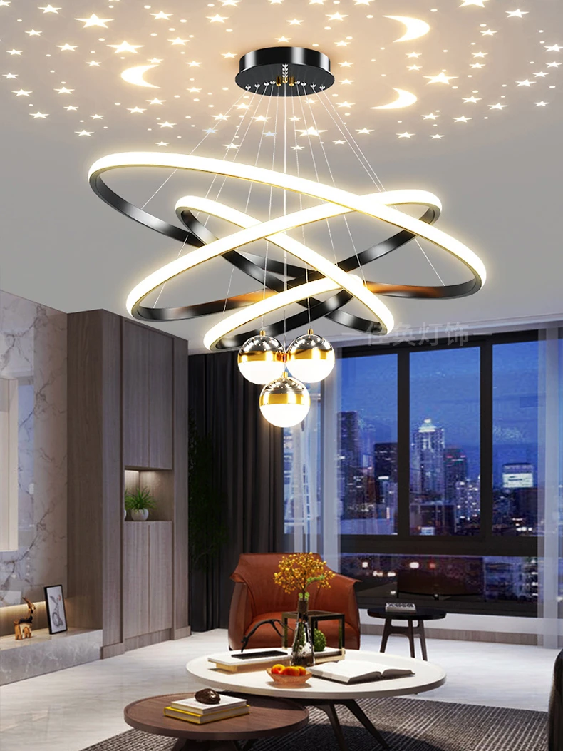 Modern Led Chandeliers Round Ring Lights For Living Room Kitchen Black ...