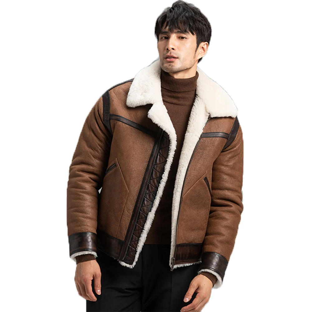 Denny&Dora Men's Brown Shearling Jacket Flight Jacket B3 Shearling Jacket Warm Winter Sheepskin ...