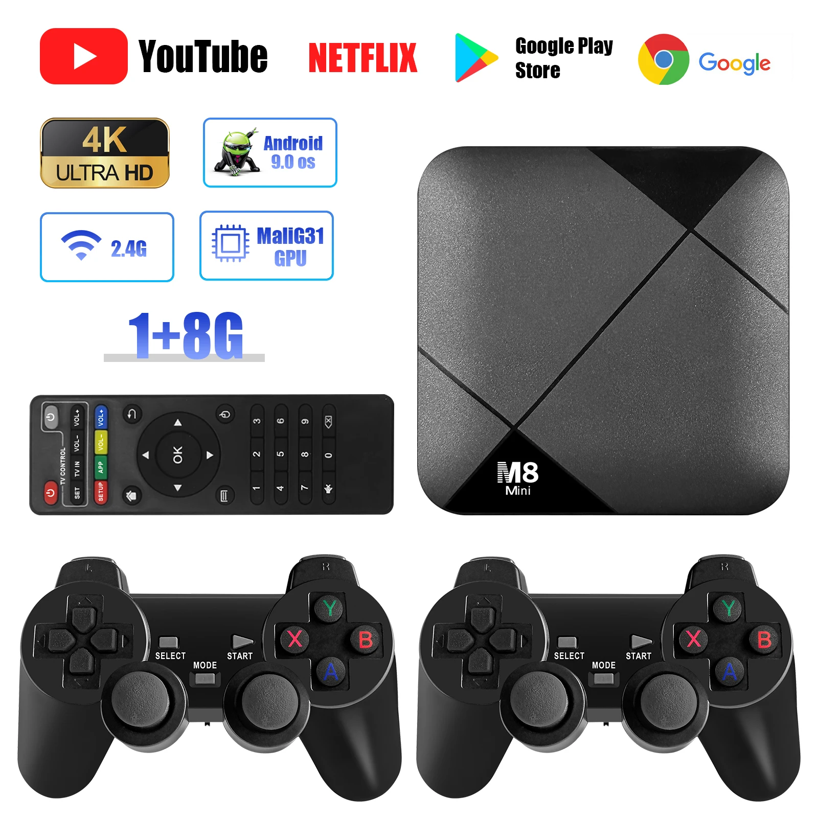M8 Mini juego Android 9,0 TV Box 4K HD TV Game Stick, consola de videojuegos 1G + 8G, 7600 PS1 ...