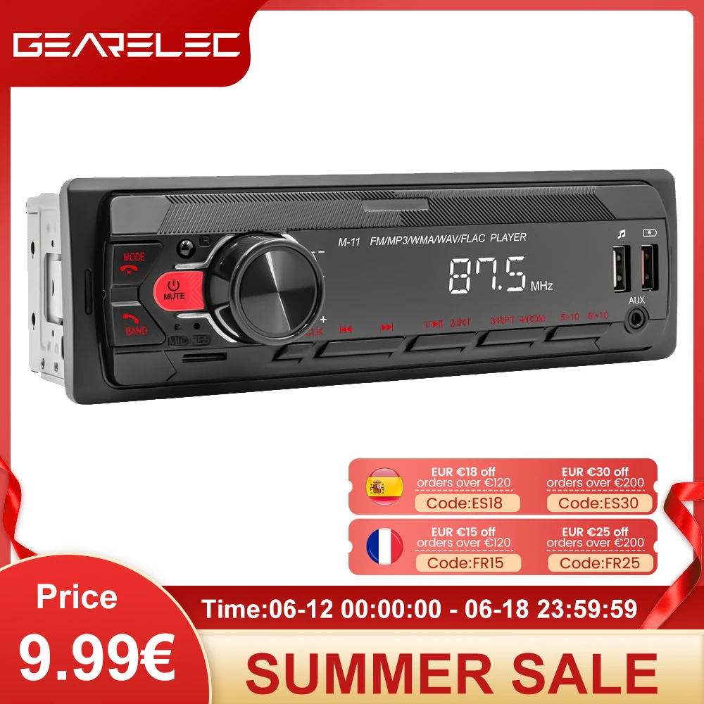 Gearelec 1 Din Car Radio Stereo Bluetooth Mp3 Player Audio Fm Aux Input Receiver Sd Tf Usb ...