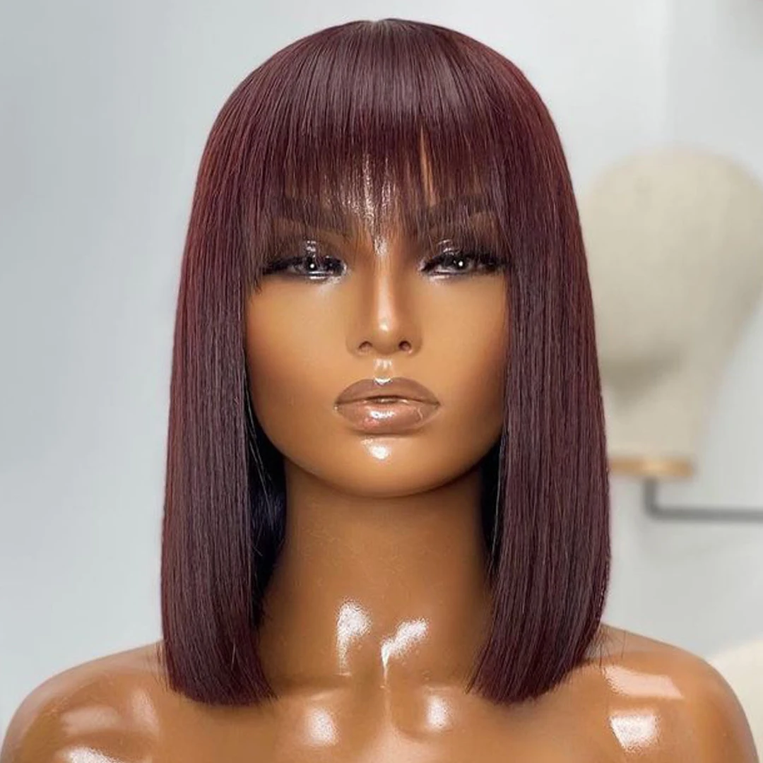 99j Bourgogne Rouge Court Perruque De Cheveux Humains Avec Frange Pour ...